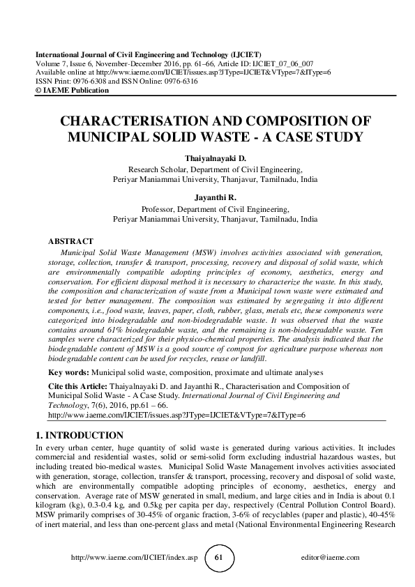 (PDF) CHARACTERISATION AND COMPOSITION OF MUNICIPAL SOLID WASTE -A CASE ...