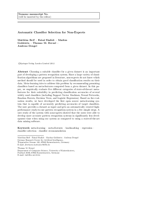 (PDF) Automatic classifier selection for non-experts