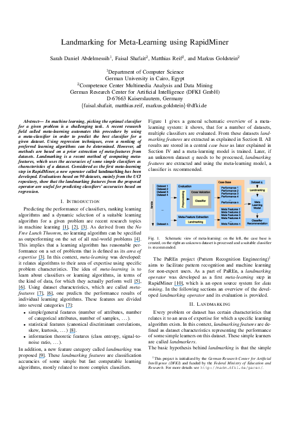 (PDF) Landmarking for Meta-Learning using RapidMiner