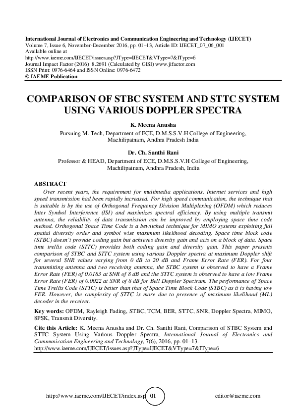 (PDF) COMPARISON OF STBC SYSTEM AND STTC SYSTEM USING VARIOUS DOPPLER ...