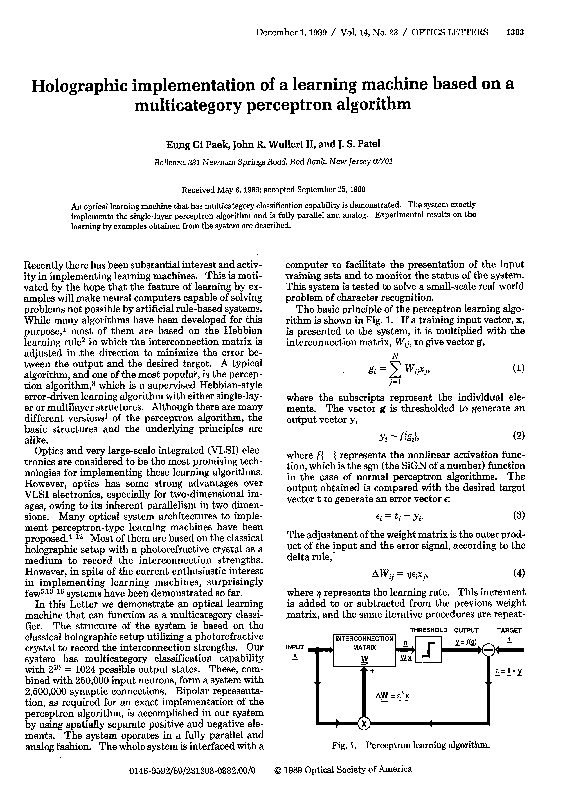 (PDF) Holographic implementation of a learning machine based on a multicategory perceptron algorithm