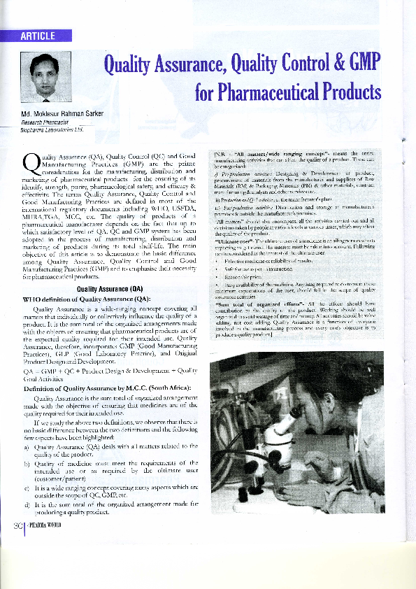 (PDF) Quality Assurance, Quality Control and GMP for Pharmaceutical ...