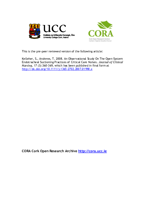 (PDF) An observational study on the open-system endotracheal suctioning ... (PDF) An observational study on the open-system endotracheal suctioning ...