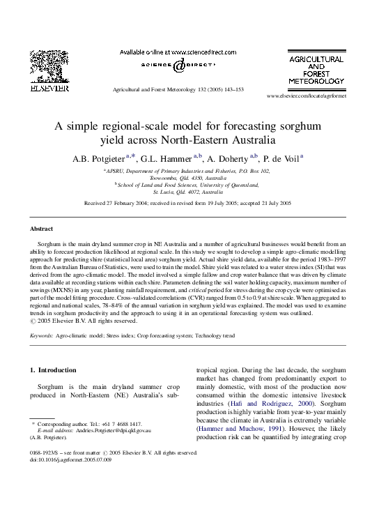 Pdf A Simple Regional Scale Model For Forecasting Sorghum Yield Across North Eastern Australia