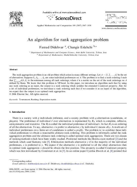 (PDF) An algorithm for rank aggregation problem