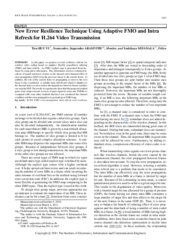 Pdf New Error Resilience Technique Using Adaptive Fmo And Intra Refresh For H264 Video