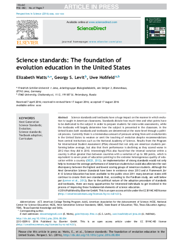 (PDF) Science Standards: The foundation of evolution education in the ...
