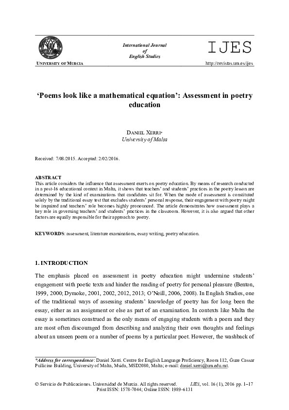 (PDF) 'Poems look like a mathematical equation': Assessment in poetry ...