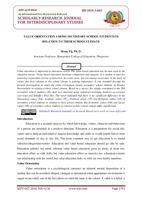 (PDF) VALUE ORIENTATION AMONG SECONDARY SCHOOL STUDENTS IN RELATION TO THEIR SCHOOL CLIMATE