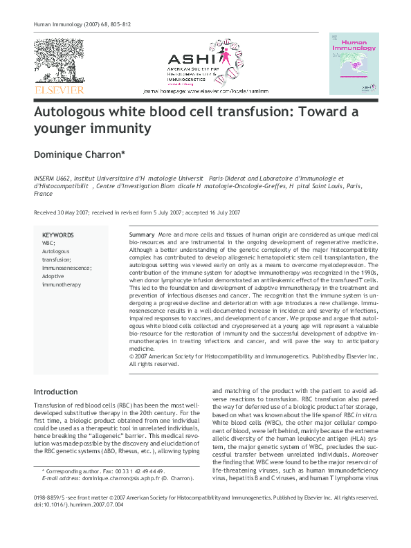(PDF) Autologous white blood cell transfusion: Toward a younger immunity