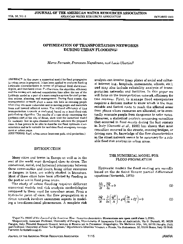 Pdf Optimization Of Transportation Networks During Urban Flooding