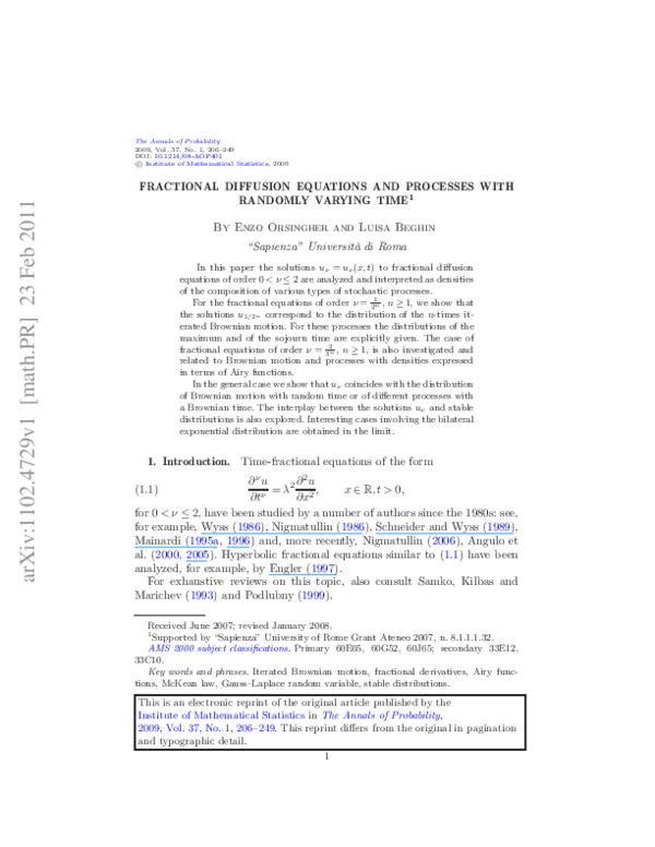 Pdf Fractional Diffusion Equations And Processes With Randomly Varying Time Luisa Beghin