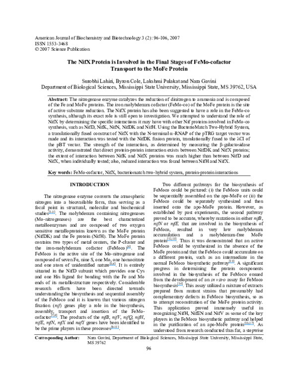 (PDF) The NifX Protein is Involved in the Final Stages of FeMo-cofactor ...