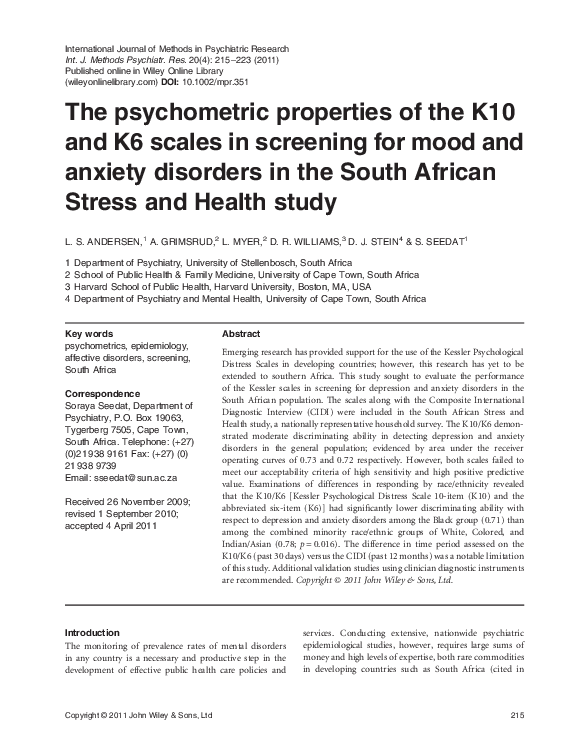 (PDF) The psychometric properties of the K10 and K6 scales in screening ...