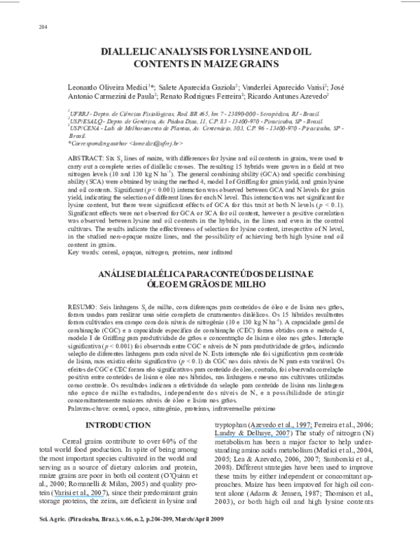 (PDF) Diallelic analysis for lysine and oil contents in maize grains