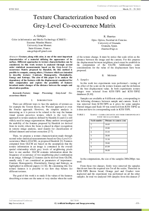 Pdf Texture Characterization Based On Grey Level Co Occurrence Matrix 0327