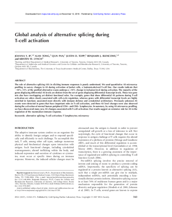 (PDF) Global analysis of alternative splicing during T-cell activation