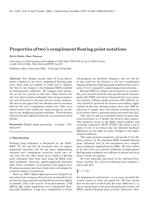 (PDF) Properties of two's complement floating point notations