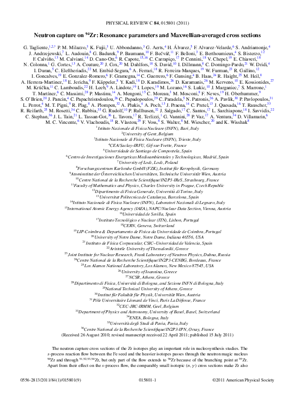 (PDF) Neutron capture on Zr94: Resonance parameters and Maxwellian-averaged cross sections