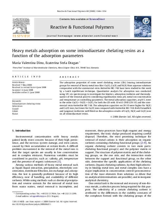 (PDF) Heavy metals adsorption on some iminodiacetate chelating resins as a function of the ...