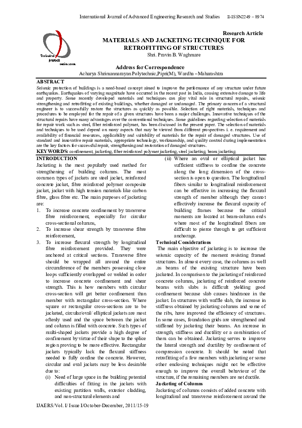 (PDF) MATERIALS AND JACKETING TECHNIQUE FOR RETROFITTING OF STRUCTURES