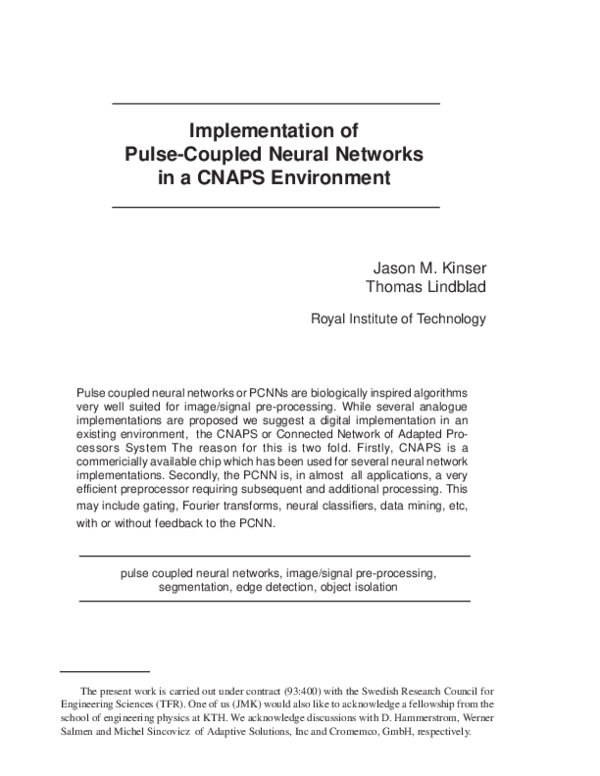 Pdf Implementation Of Pulse Coupled Neural Networks In A Cnaps
