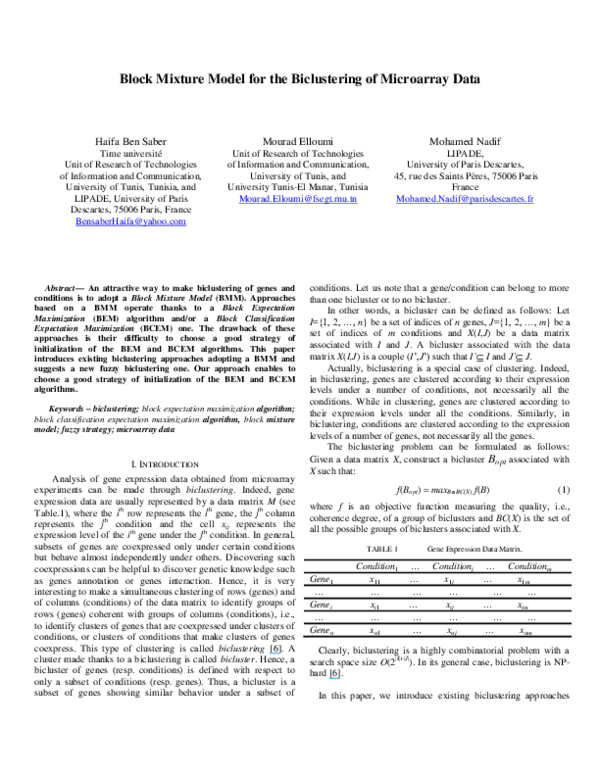 (PDF) Block Mixture Model for the Biclustering of Microarray Data