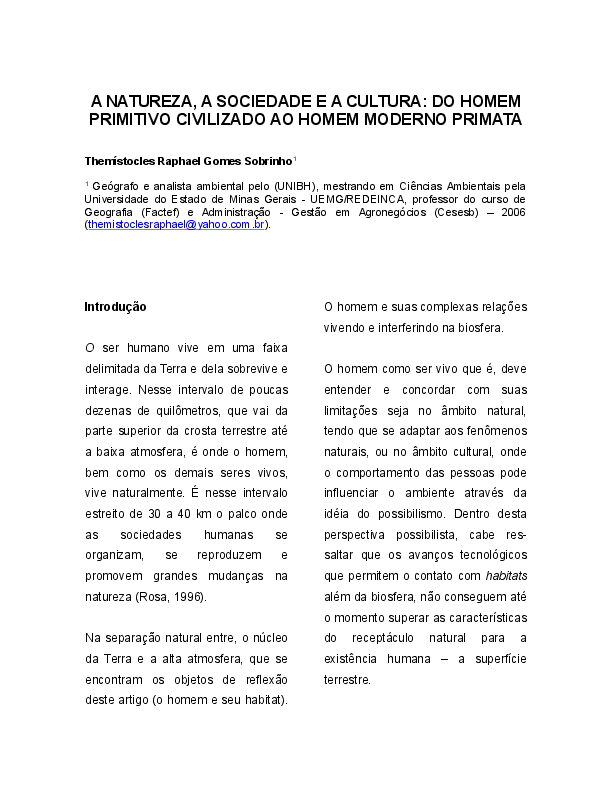 (DOC) A NATUREZA, A SOCIEDADE EA CULTURA: DO HOMEM PRIMITIVO CIVILIZADO ...