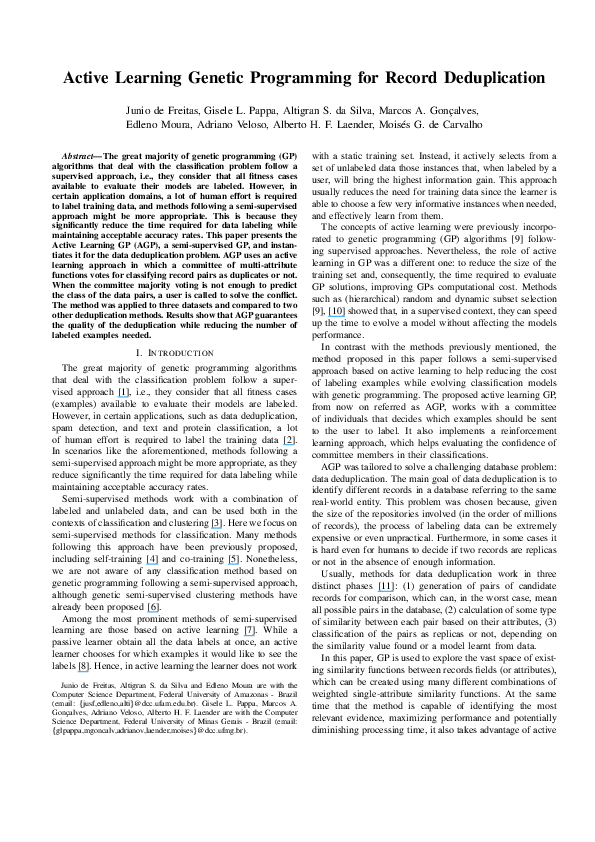 Pdf Active Learning Genetic Programming For Record Deduplication