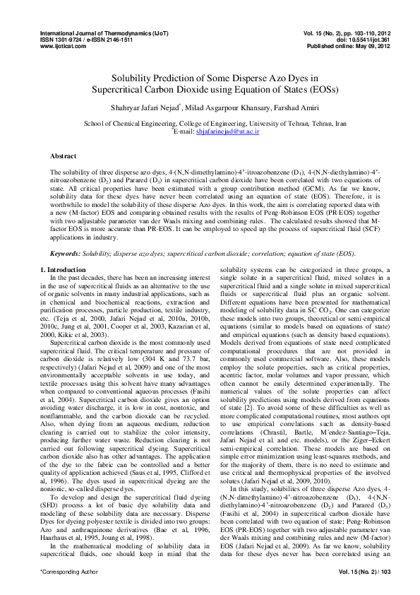 (PDF) Solubility prediction of some disperse Azo dyes in supercritical carbon dioxide using ...