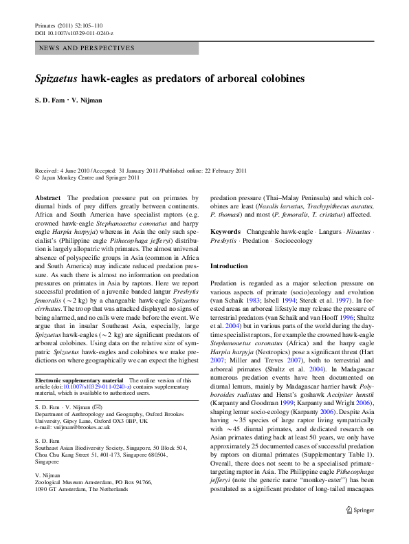 (PDF) Spizaetus hawk-eagles as predators of arboreal colobines