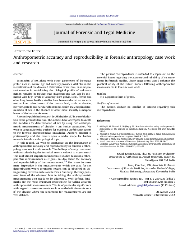 Pdf Anthropometric Accuracy And Reproducibility In Forensic Anthropology Case Work And Research