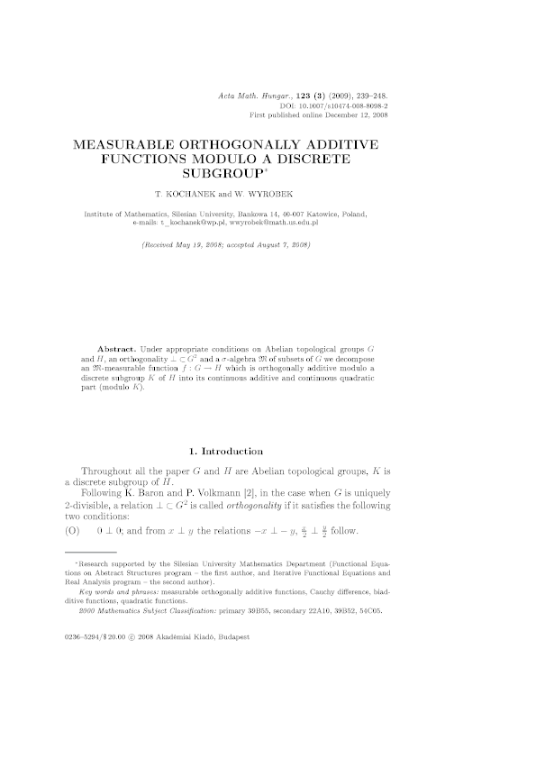 (PDF) Measurable orthogonally additive functions modulo a discrete subgroup
