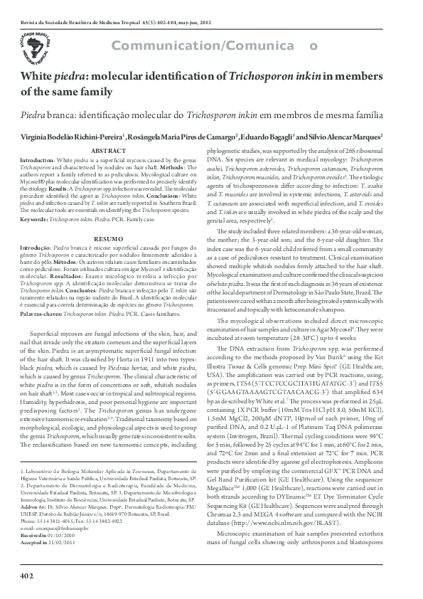 (PDF) White piedra: molecular identification of Trichosporon inkin in ...
