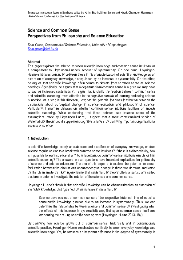 (PDF) Science and Common Sense: Perspectives from Philosophy and ...