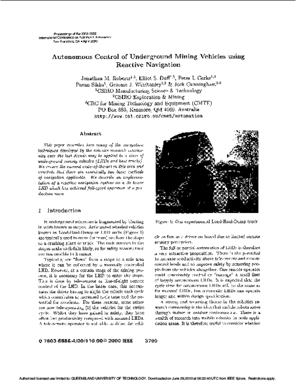 Pdf Autonomous Control Of Underground Mining Vehicles Using Reactive Navigation