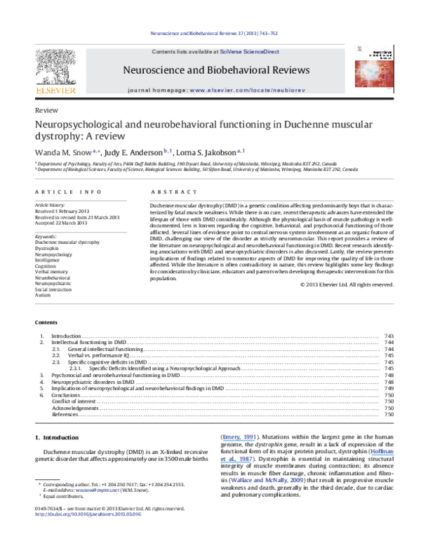 (PDF) Neuropsychological and neurobehavioral functioning in Duchenne ...