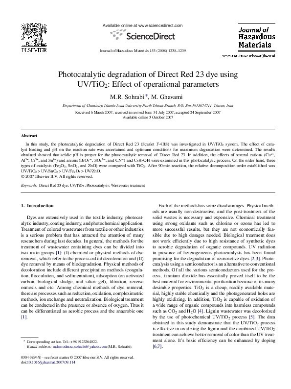 (PDF) UV/TiO2 Photocatalysis on Direct Red 23 Dye