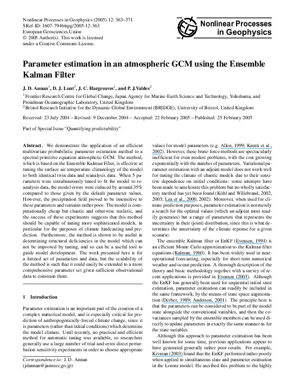 Pdf Parameter Estimation In An Atmospheric Gcm Using The Ensemble Kalman Filter