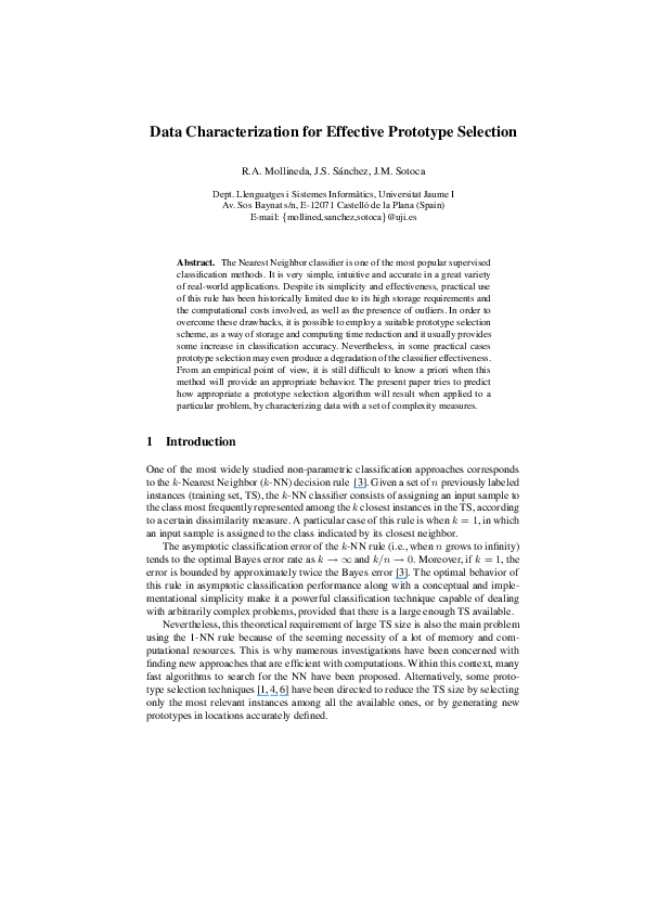 Pdf Data Characterization For Effective Prototype Selection