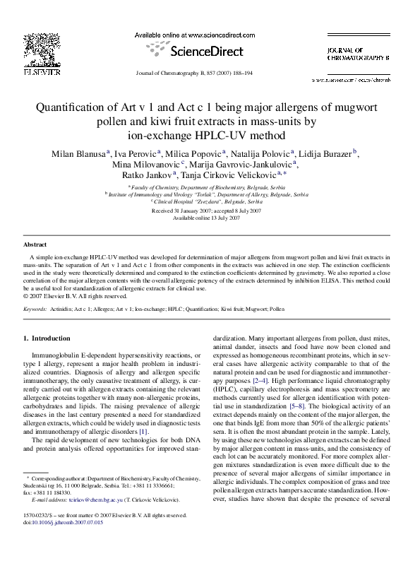 (PDF) Quantification of Art v 1 and Act c 1 being major allergens of ...
