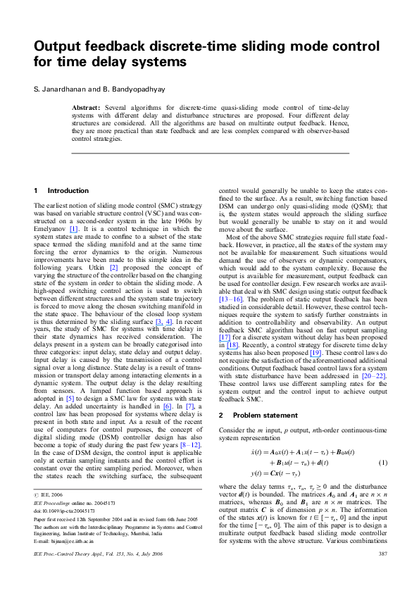 Pdf Output Feedback Discrete Time Sliding Mode Control For Time Delay