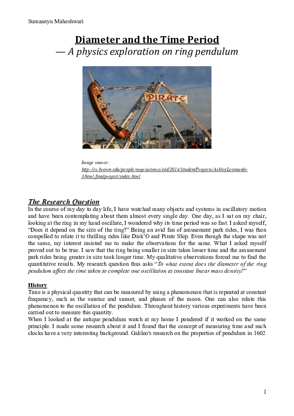 (PDF) Diameter and the Time Period — An exploration on ring pendulum