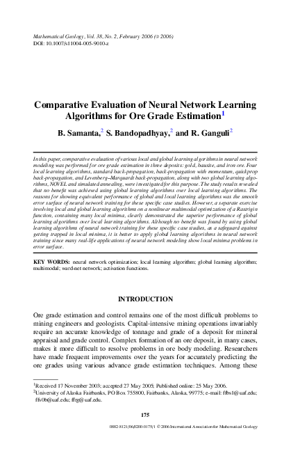 (PDF) Comparative Evaluation of Neural Network Learning Algorithms for Ore Grade Estimation