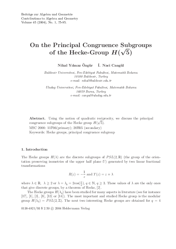 Pdf On The Principal Congruence Subgroups Of The Hecke Group H Sqrt {5