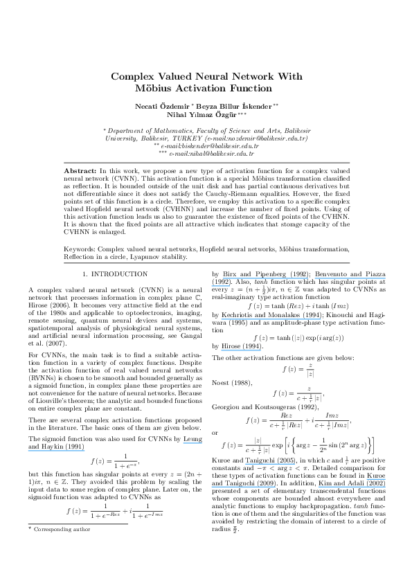 (PDF) Complex valued neural network with Möbius activation function