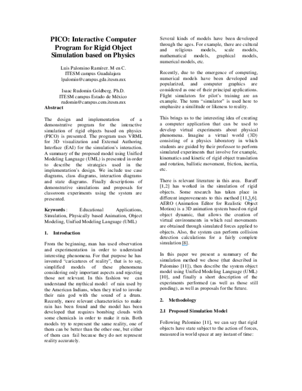Pdf Pico Interactive Computer Program For Rigid Object Simulation Based On Physics