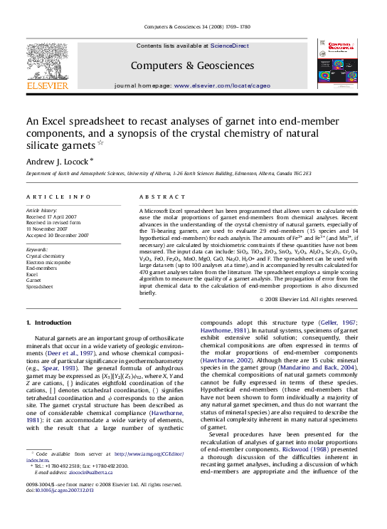 (PDF) An Excel spreadsheet to recast analyses of garnet into end-member ...