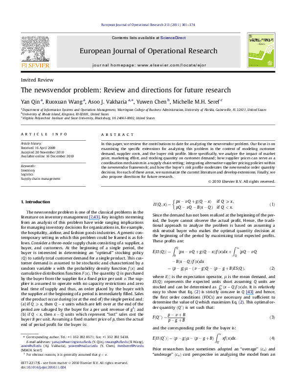 (PDF) The newsvendor problem: Review and directions for future research