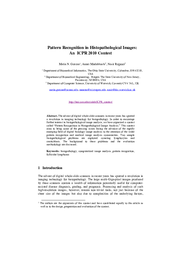 Pdf Pattern Recognition In Histopathological Images An Icpr 2010 Contest